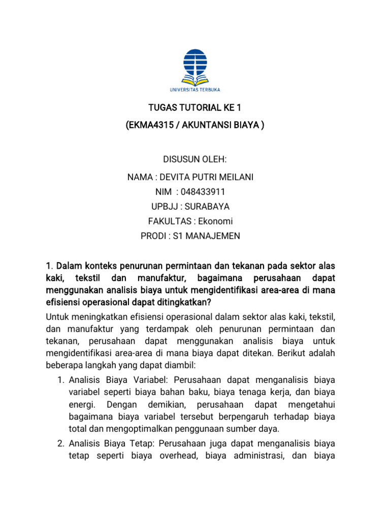 Tugas 1 Akuntansi Biaya (Devita Putri M) | PDF
