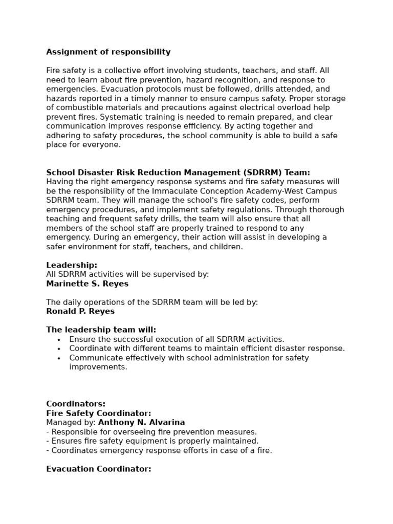 Assignment of Responsibility DRR | PDF | Fire Safety | Emergency