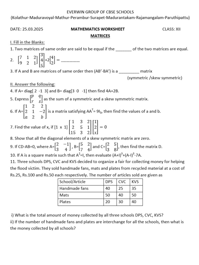 Class XII Mathematics Worksheet on Matrices | PDF