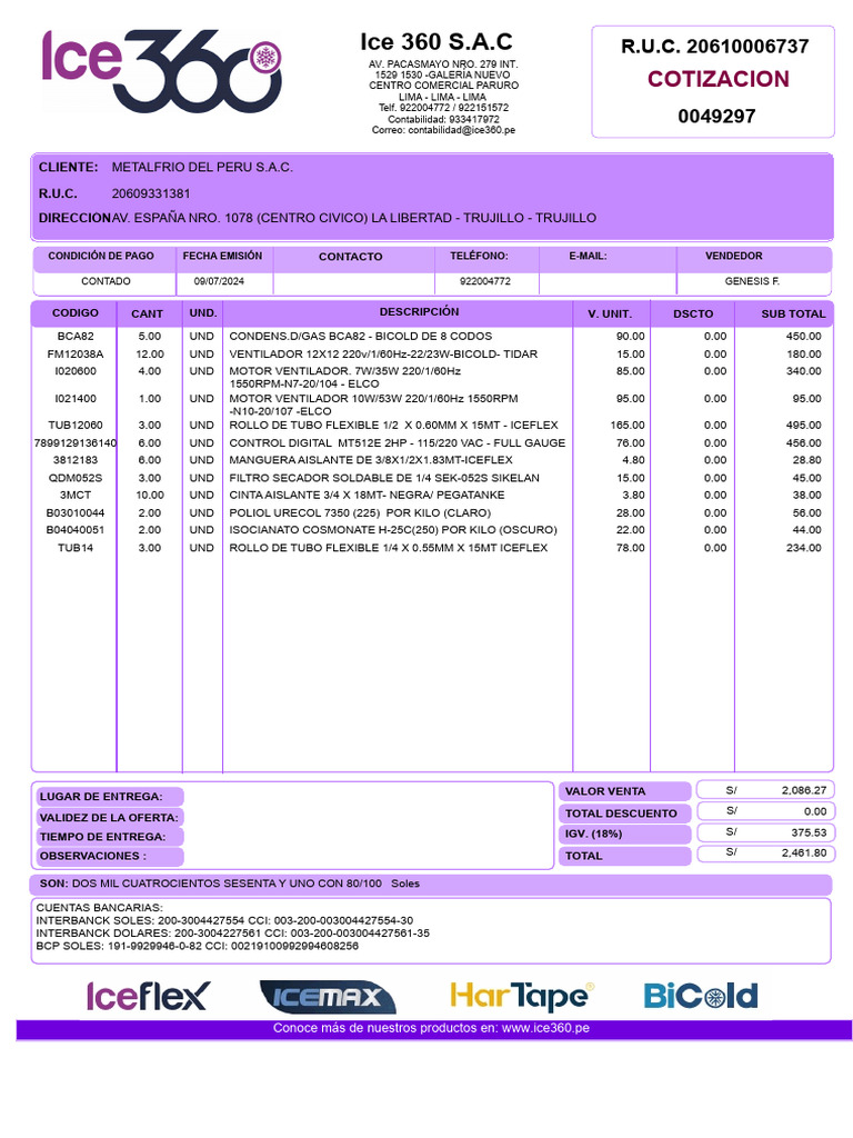 Ice 360 S.A.C: Cotizacion | PDF