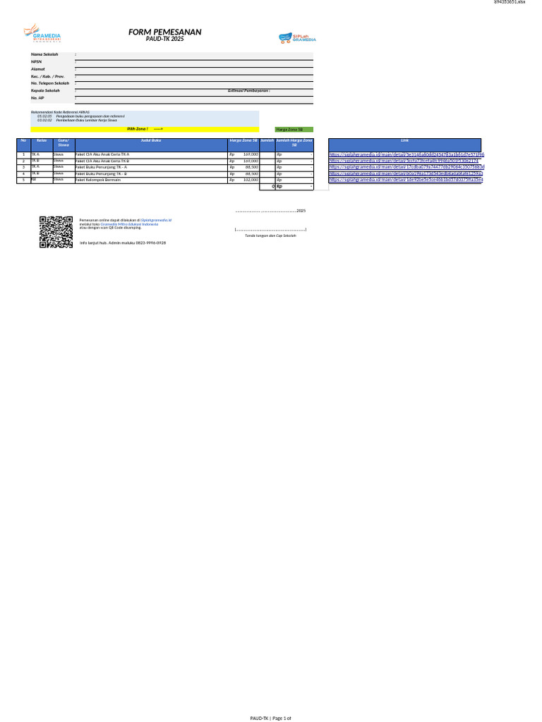 Form Pesanan 2025 Gramedia Mitra Edukasi Indonesia | PDF