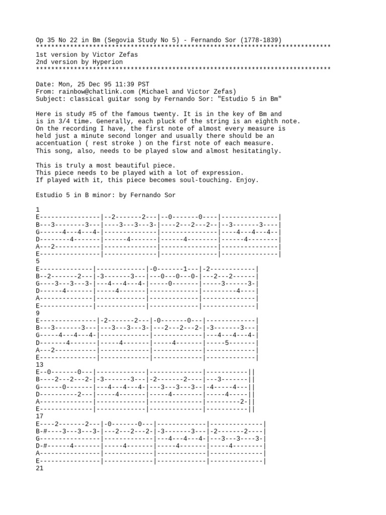 Sor's Estudio 5 in Bm for Guitar | PDF | Musical Instruments | String ...