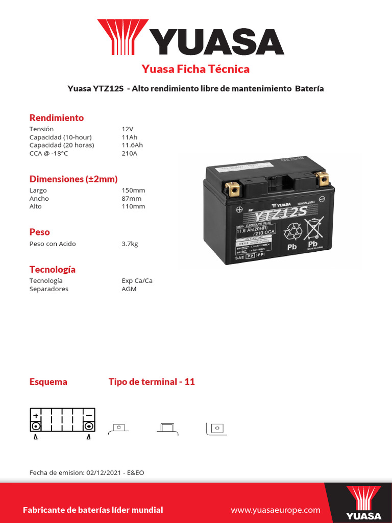 Batería Yuasa YTZ12S: Ficha Técnica | PDF