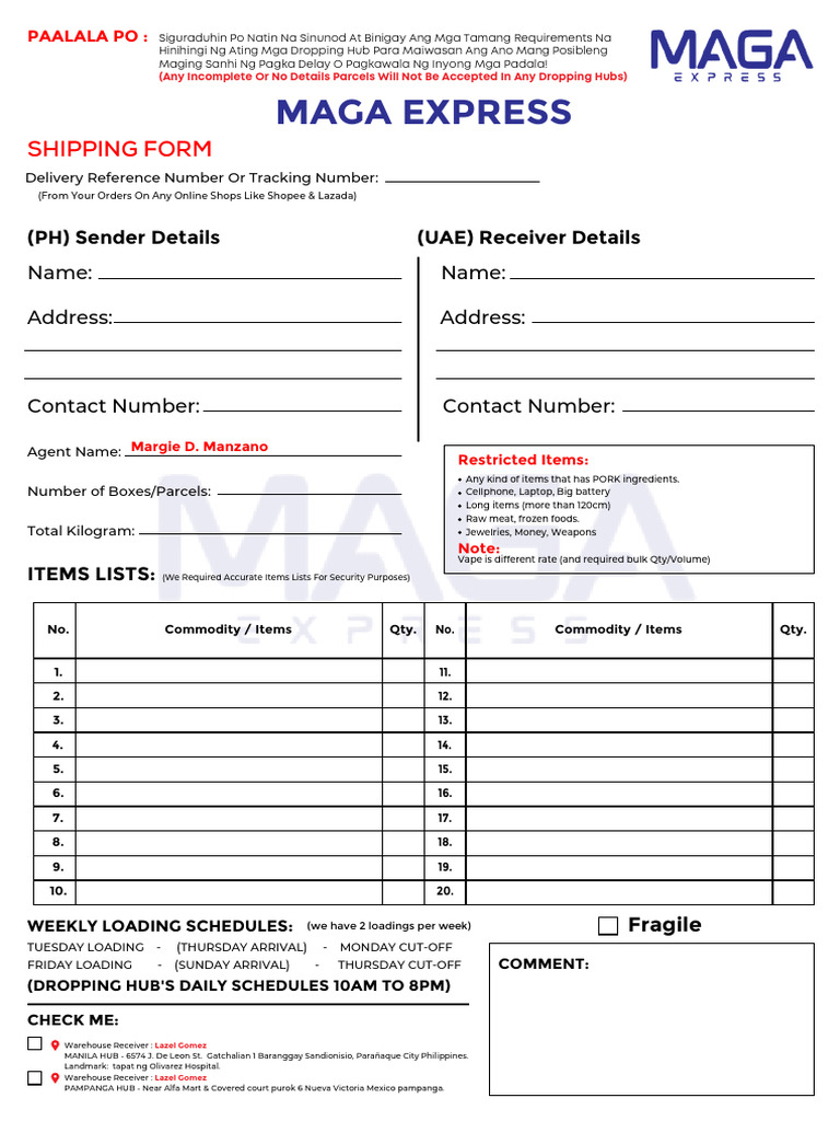 Maga Shippigng Form (Margie) | PDF