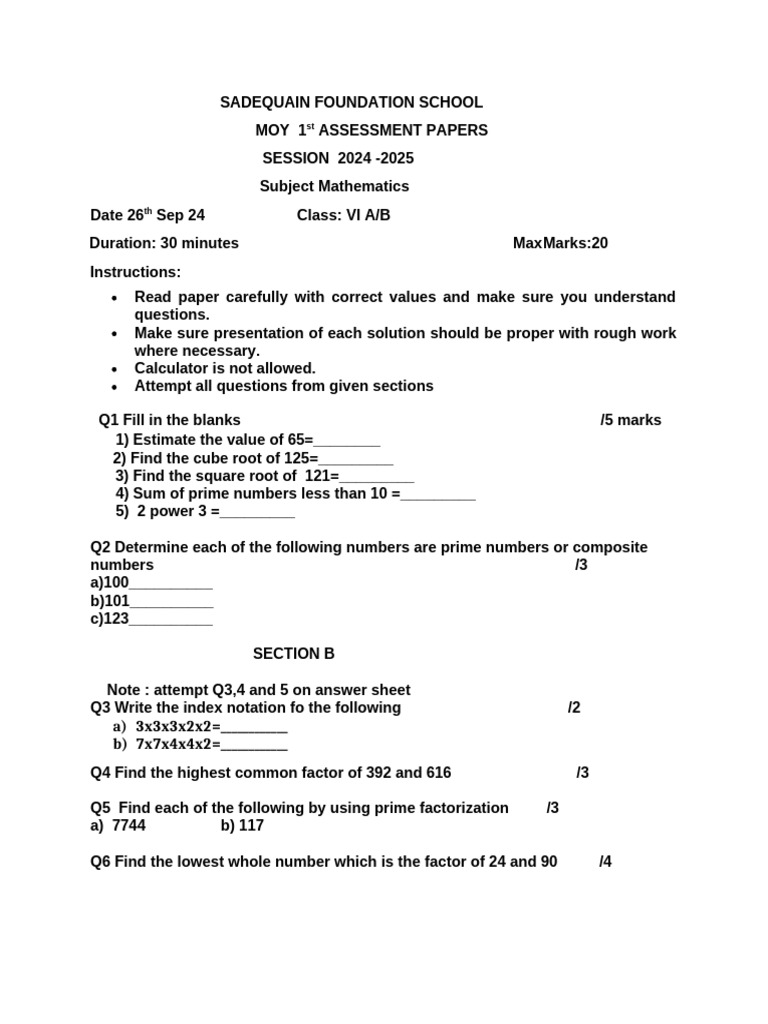 Maths MOY 1st Assessment 6 Grade 6 | PDF