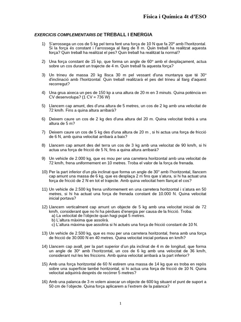 Exercicis Complementaris de Treball I Energia2 | PDF