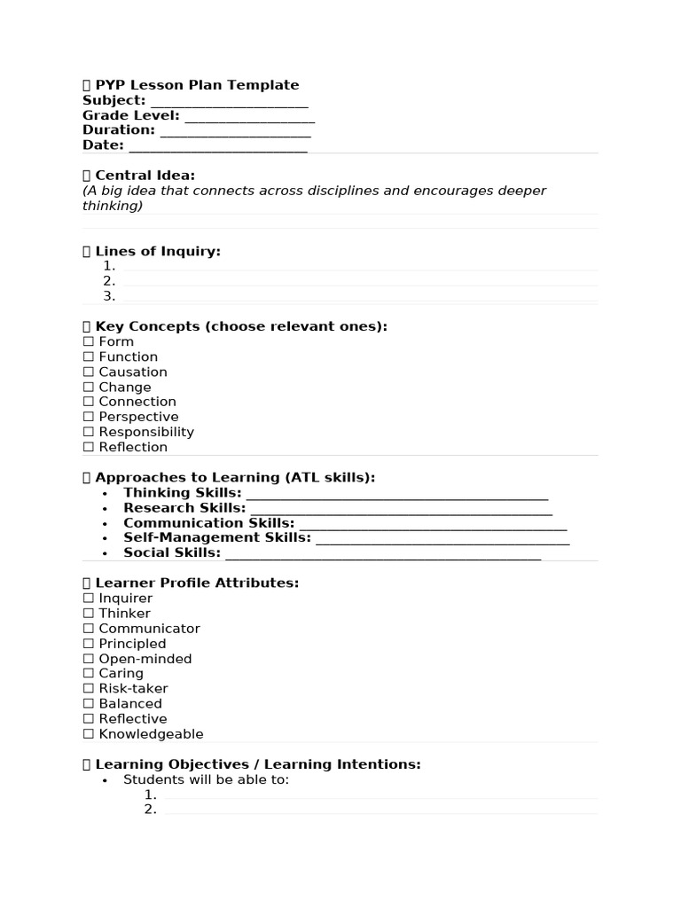 PYP Lesson Plan Template Guide | PDF