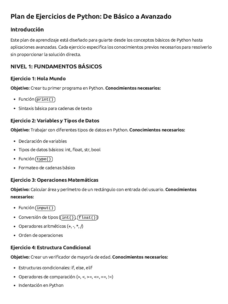 Plan de Ejercicios de Python - de Básico A Avanzado | PDF | Python (lenguaje de programación ...