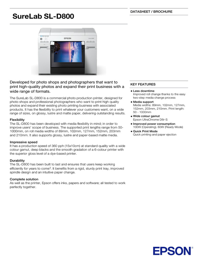 SureLab SL D800 Datasheet | PDF | Printer (Computing)