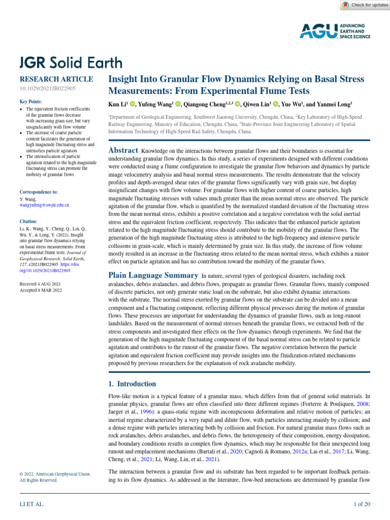 JGR Solid Earth - 2022 - Li - Insight Into Granular Flow Dynamics Relying On Basal Stress ...