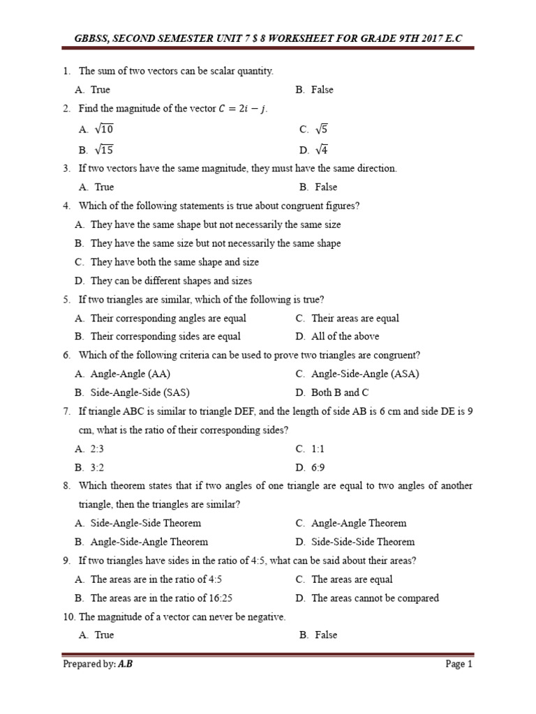Grade 9 Mathematics Unit 7 and 8 Worksheet 2017E.C | PDF | Geometry ...