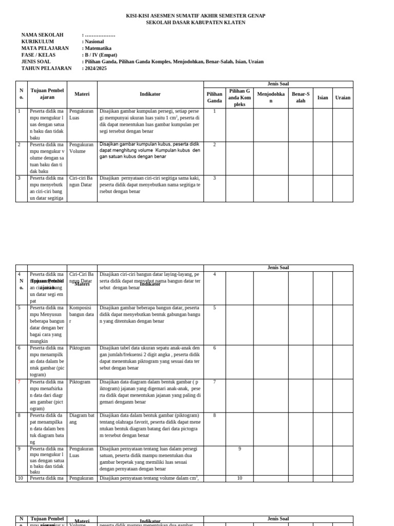 Kelas IV Matematika Kisi-Kisi Asas II - Docx.rev | PDF