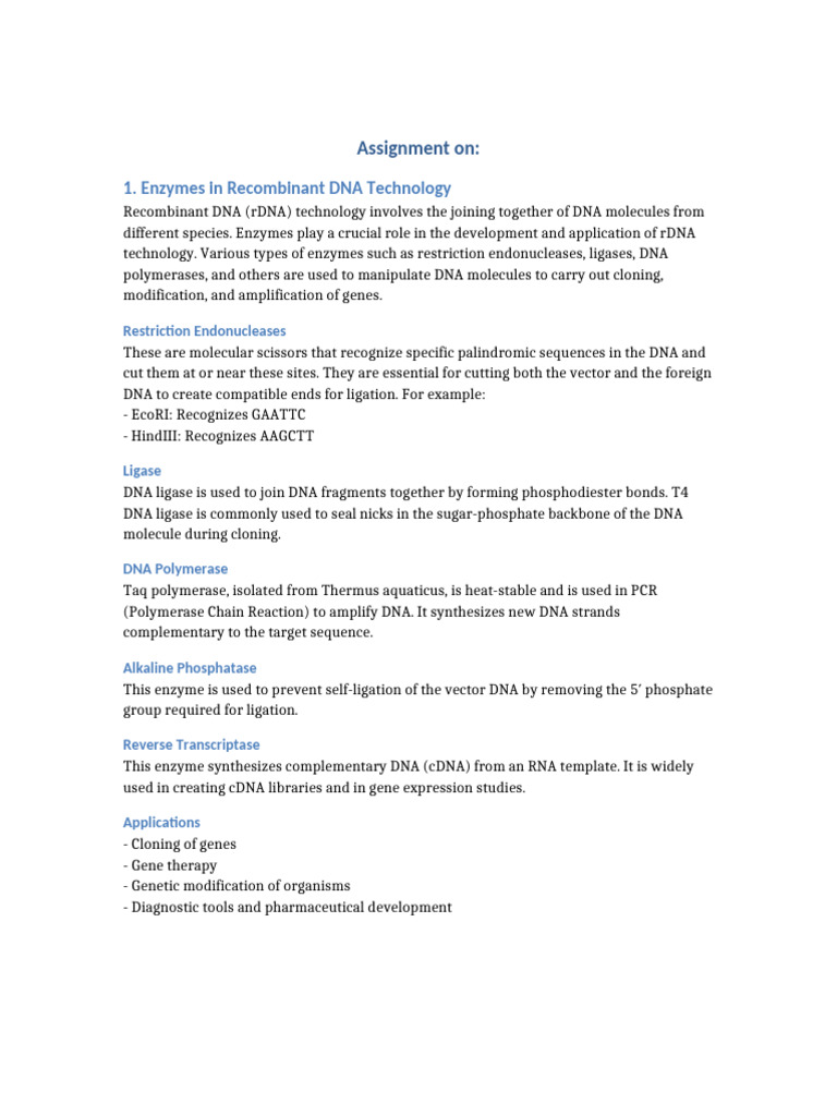 Assignment Enzymes and Haploid Production | PDF | Dna | Molecular Cloning