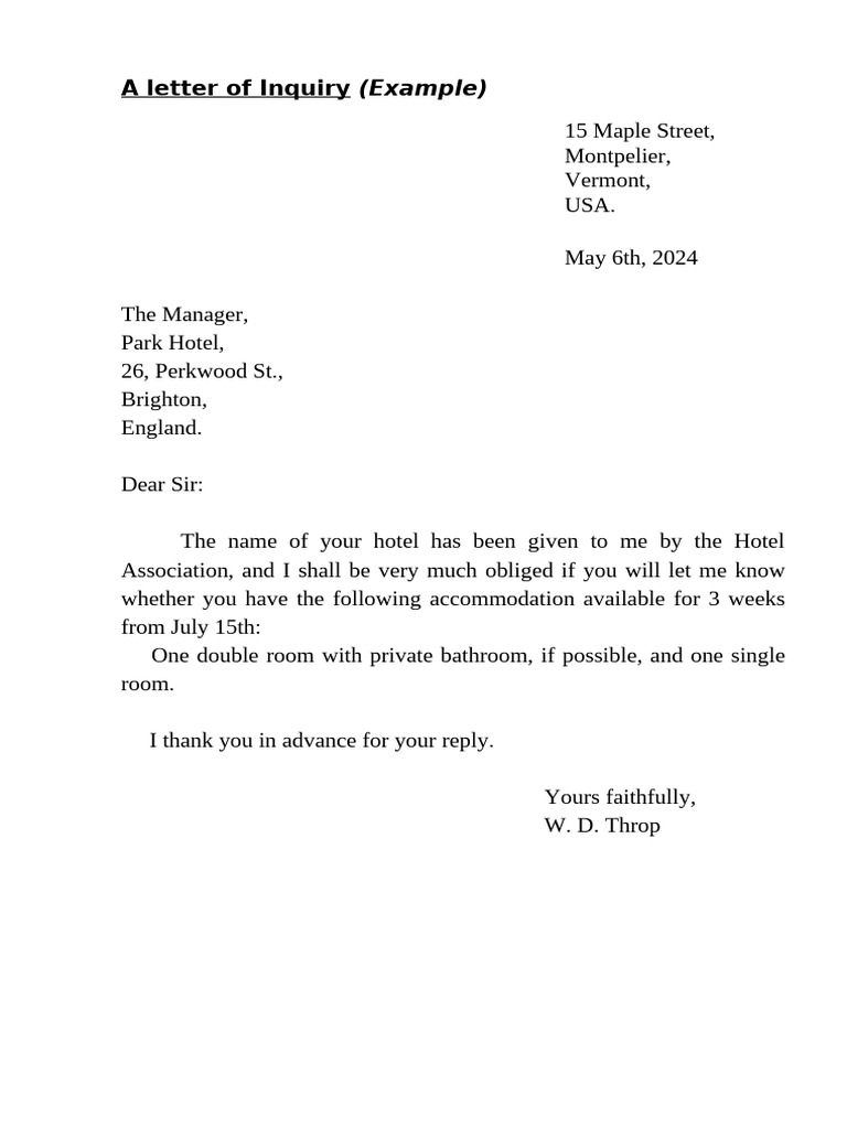 Sample Hotel Inquiry Letter | PDF