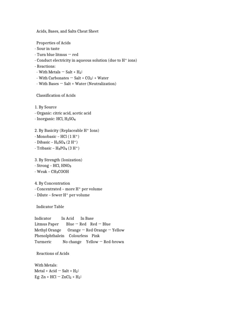 Acids Bases Salts Cheat Sheet | PDF