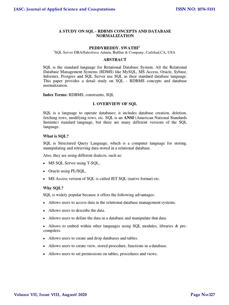 A Study On SQL RDBMS Concepts and Databa | PDF | Relational Database | Sql