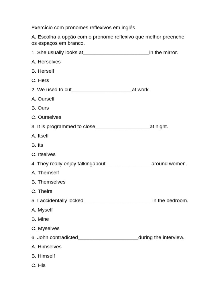 Exercício Com Pronomes Reflexivos em Inglês | PDF