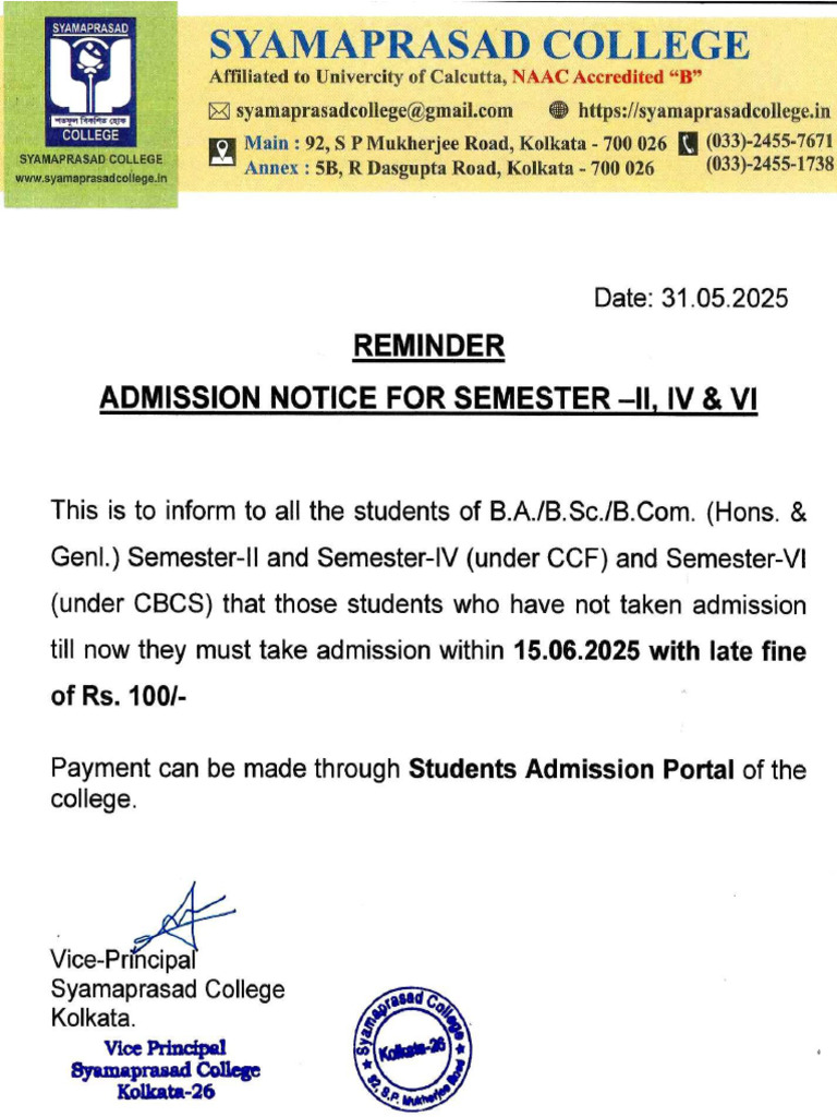 Admission Notice For Sem. II, IV & Vi | PDF