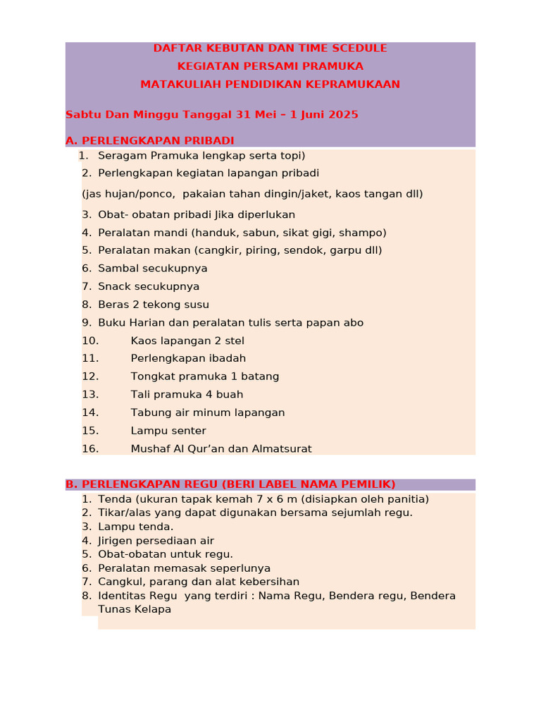 Daftar Kebutan Persami | PDF