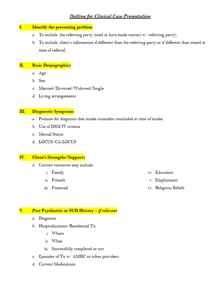 Outline For Clinical Case Presentation - Mental Health Case ...