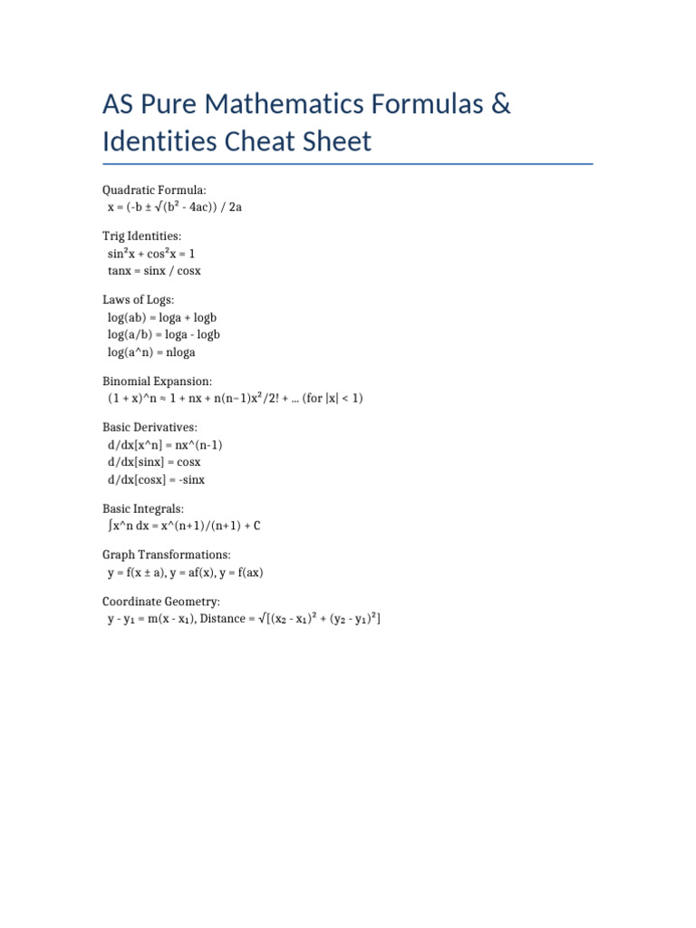 As Pure Maths Cheat Sheet | PDF