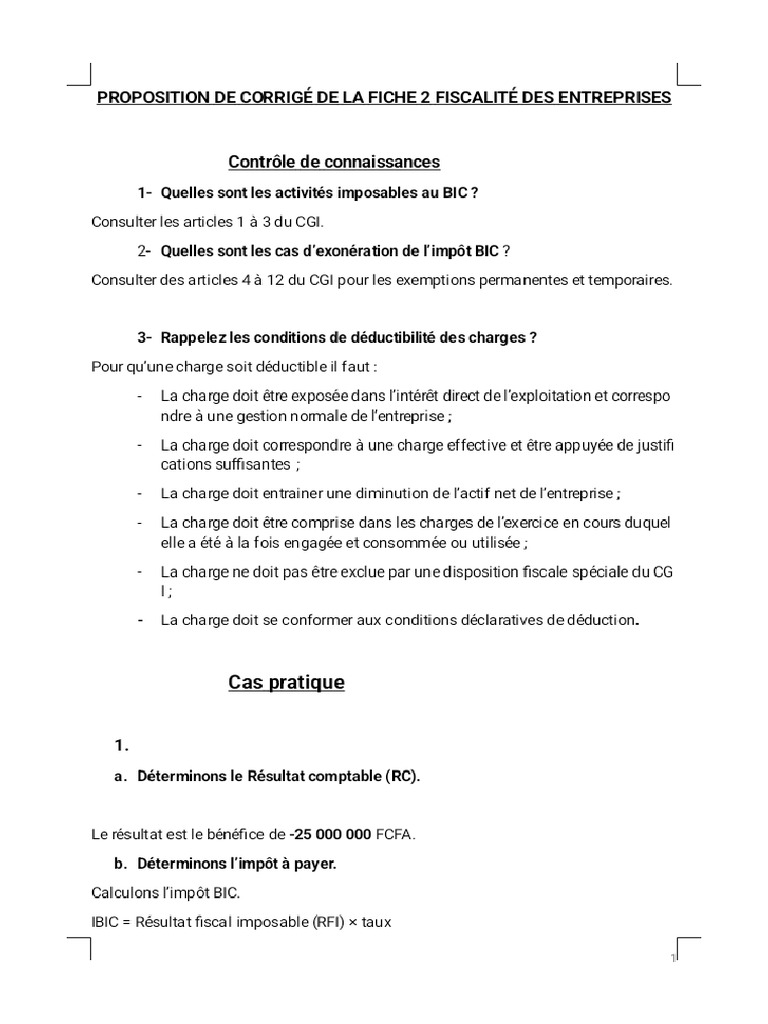 Proposition de Corrigé Fiche 2 Fiscalite Des Entreprises (1)_phoenix | PDF