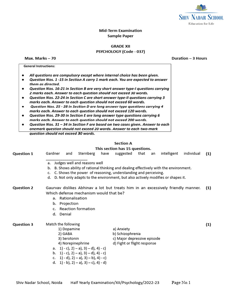 12 - Psychology Sample Paper PB1 | PDF | Stress (Biology) | Psychology