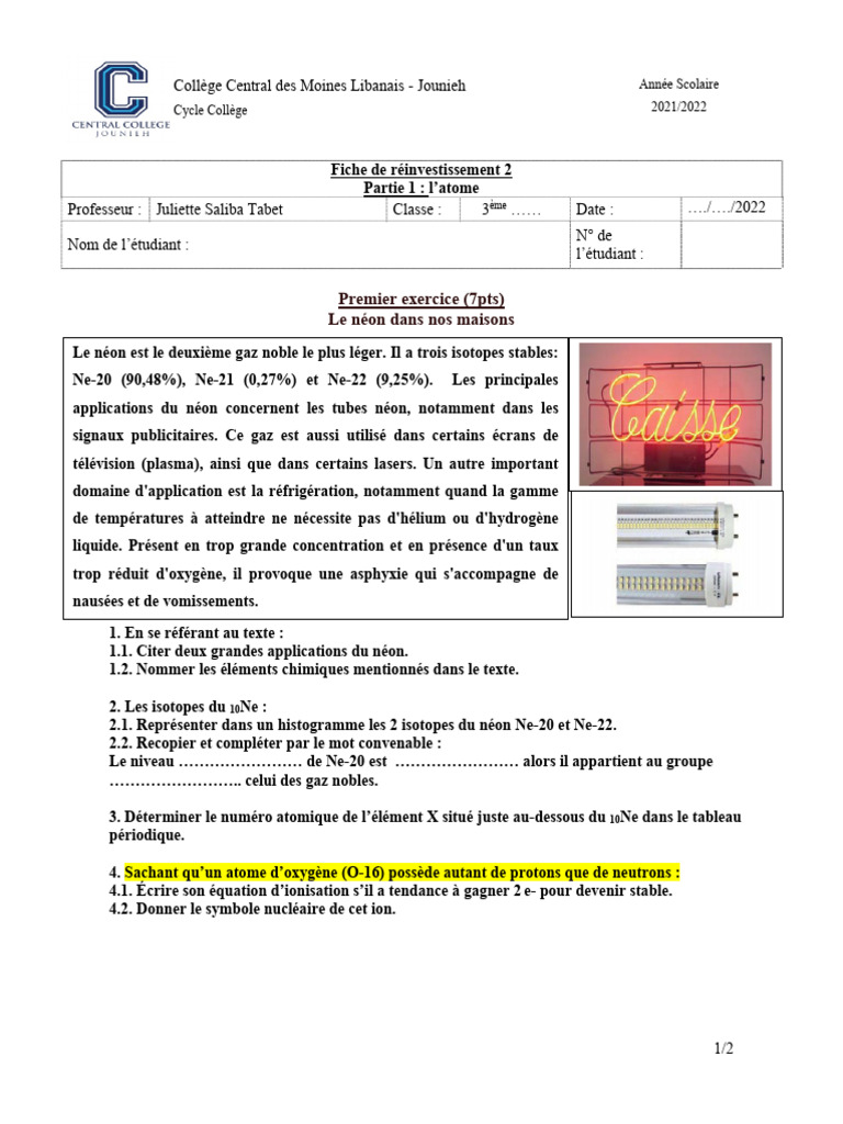 Applications et propriétés du néon et du calcium | PDF | Atomes | Calcium