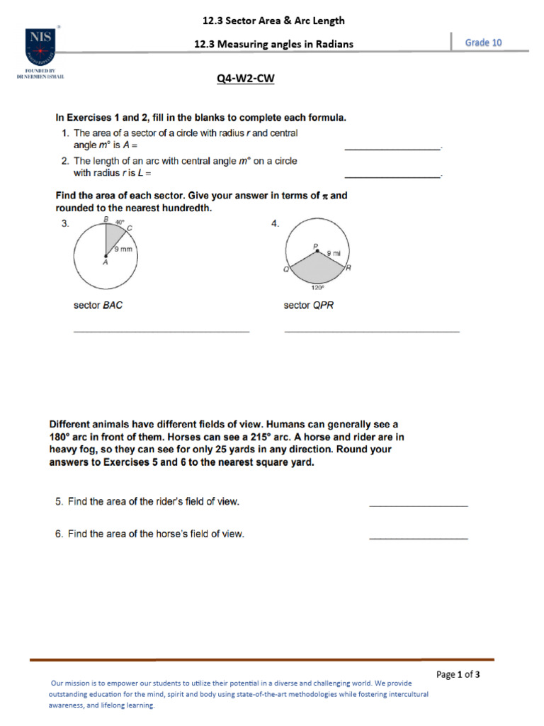 Q4-W2-CW: 12.3 Sector Area & Arc Length 12.3 Measuring Angles in ...