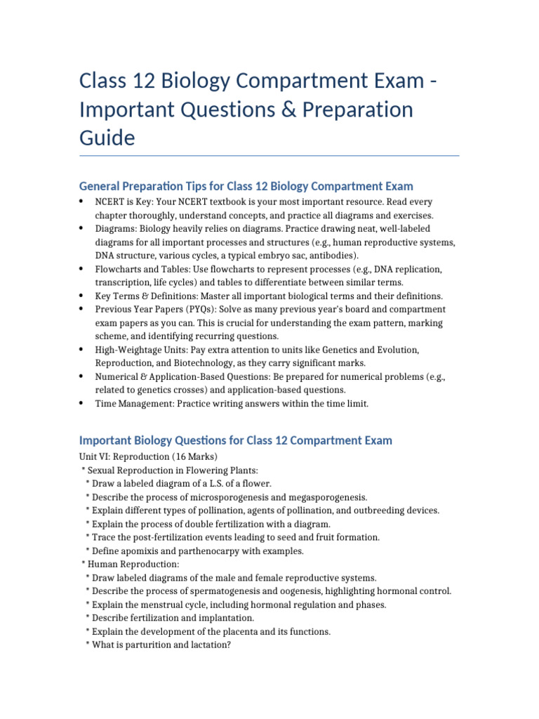 Class 12 Biology Compartment Important Questions | PDF | Reproduction ...