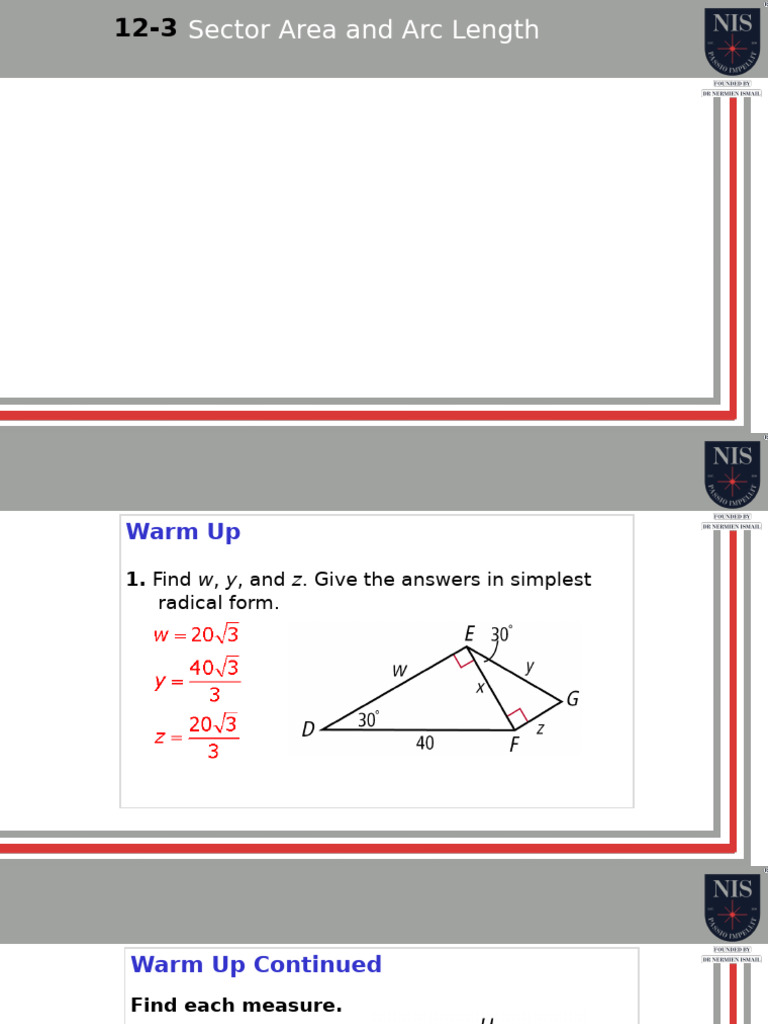 Sector Area and Arc Length: Warm Up Lesson Presentation Lesson Quiz ...