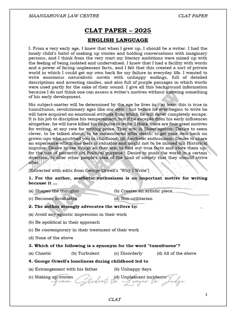 CLAT 2025 English Language Paper | PDF | Crimes | Crime & Violence