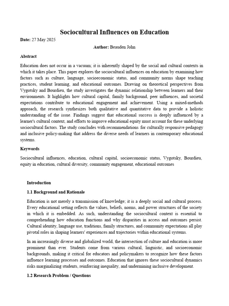 Sociocultural Influences On Education (1) - 1 | PDF | Socioeconomic ...