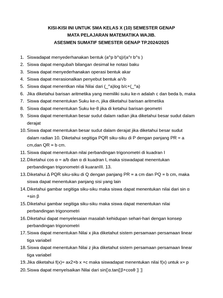 Kisi-Kisi Asas Matematika Sma X Genap 2025 | PDF