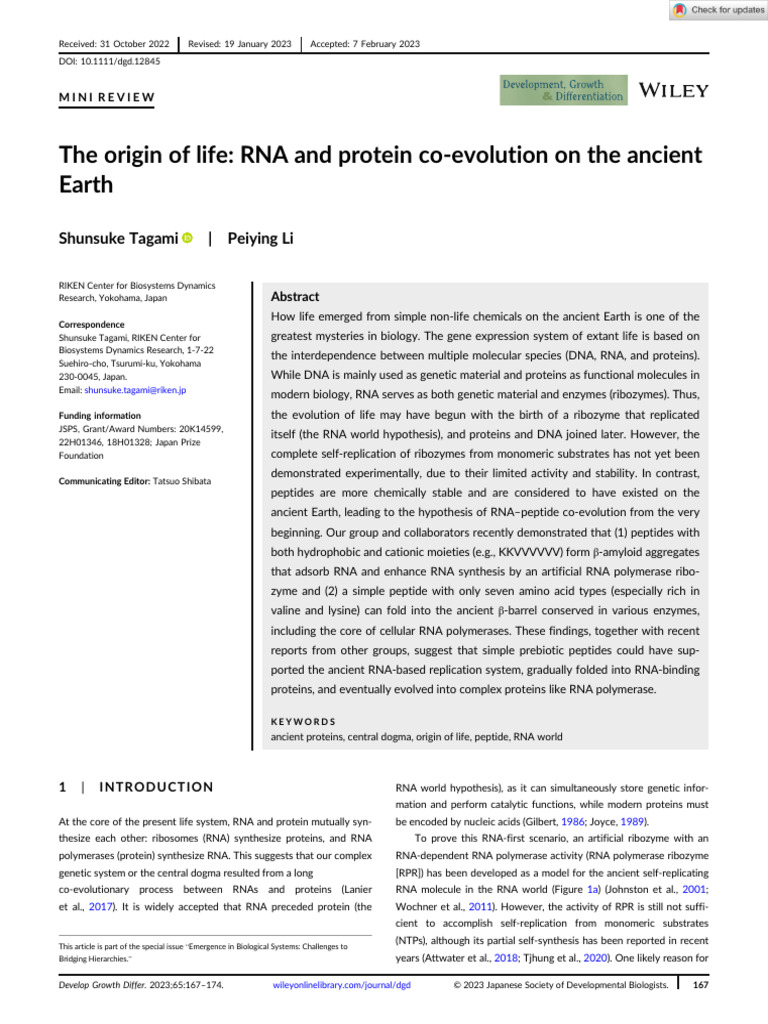 Dev Growth Differ - 2023 - Tagami - The Origin of Life RNA and Protein ...