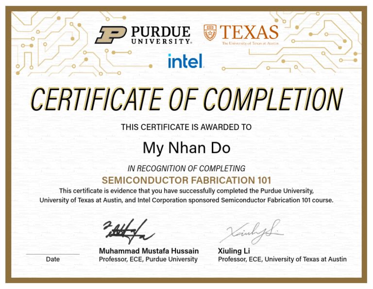 Purdue Semiconductor Fabrication 101 Certificate | PDF