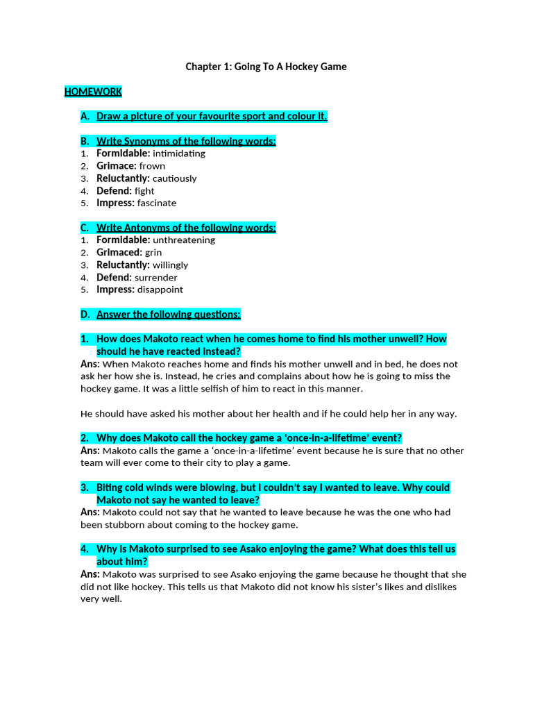 Class 5 Chapter 1 Going To A Hockey Game | PDF