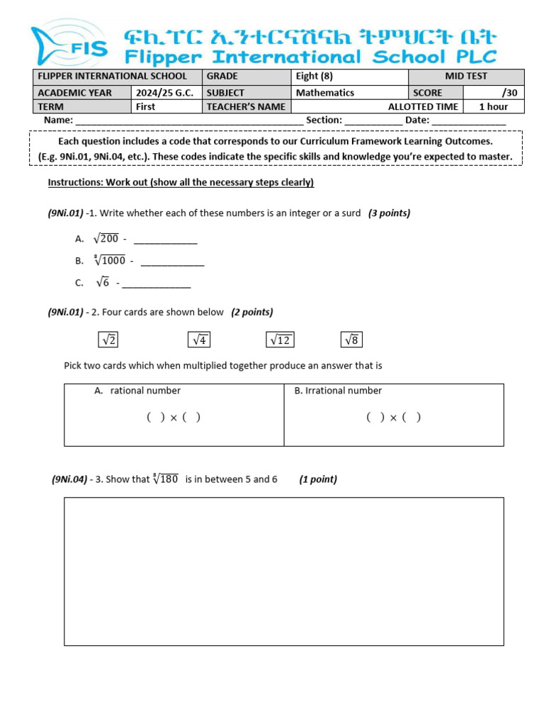 2024-25 Grade 8 Math Mid Test | PDF | Mathematics