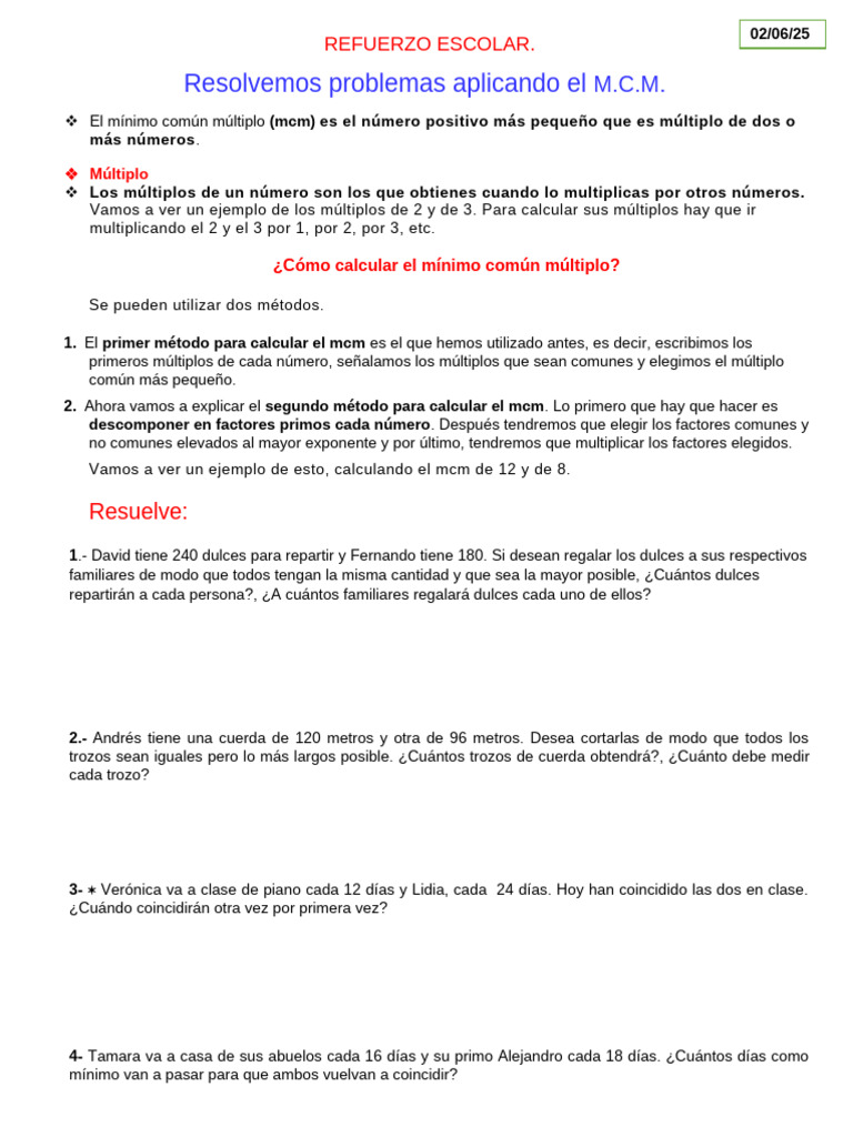 FICHA 2.2- LUNES 2 JUNIO- Resolvemos problemas aplicando el M.C.M. -REFUERZO ESCOLAR | PDF ...
