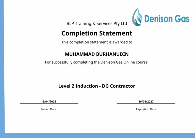 Certification Level 2 Induction DG Contractor Burhan | PDF