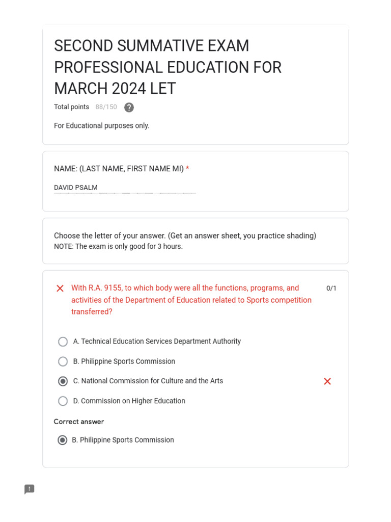 Second Summative Exam Professional Education For March 2024 Let | PDF ...