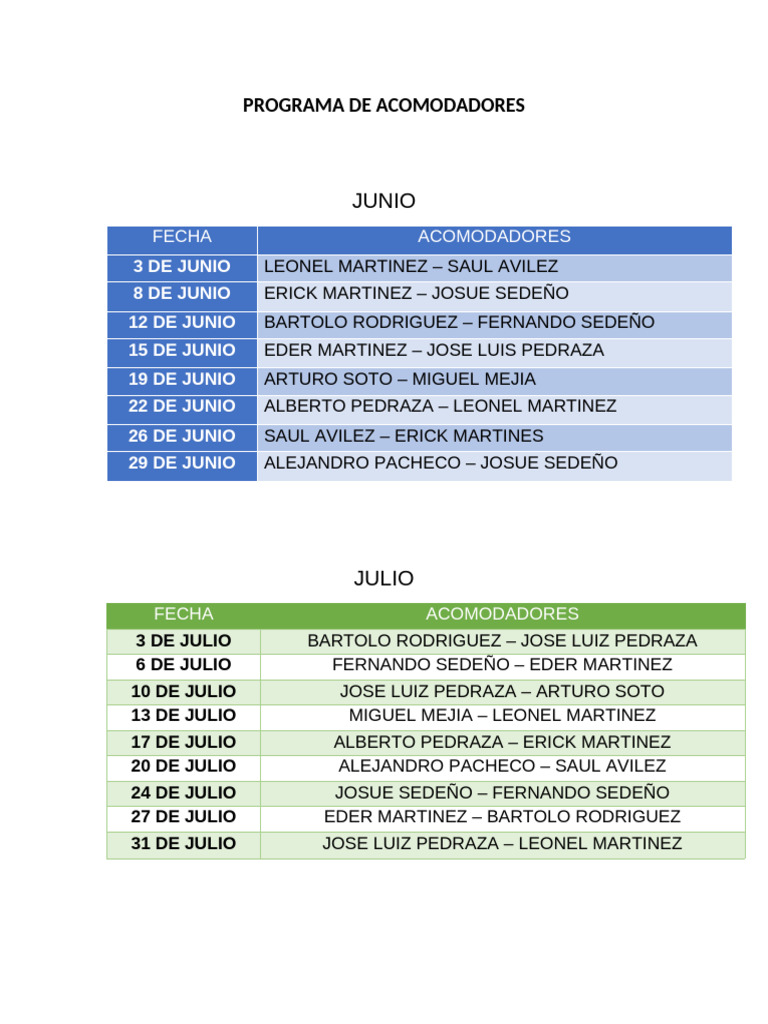 Programa de Acomodadores Junio-Julio | PDF