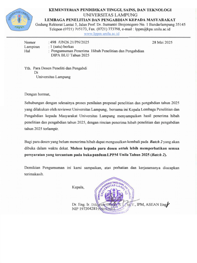 Pengumuman Penerimaan Hibah Penelitian Dan PKM 2025 | PDF