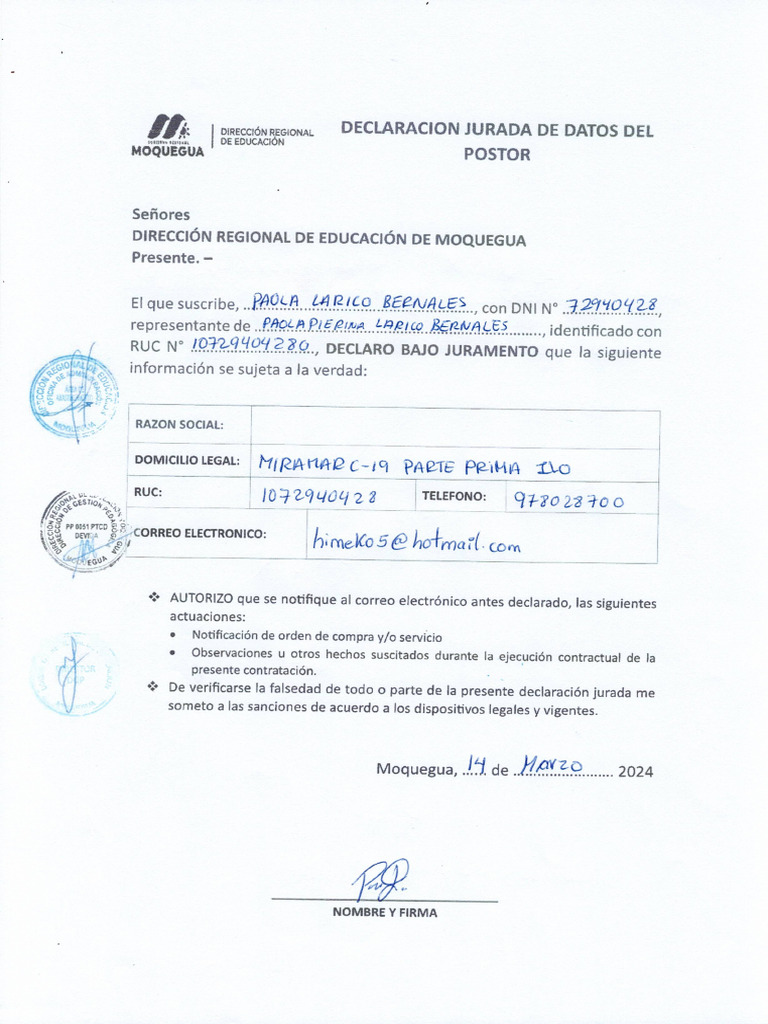 Declaracion Jurada de Datos Del Postor | PDF