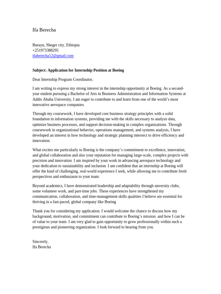 Internship Cover Letter Boeing | PDF