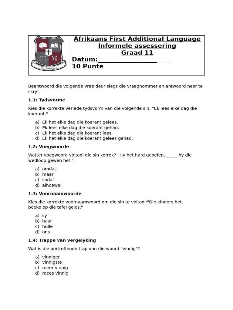 Graad 11 Taal Informele Assessering 1 KW1 | PDF
