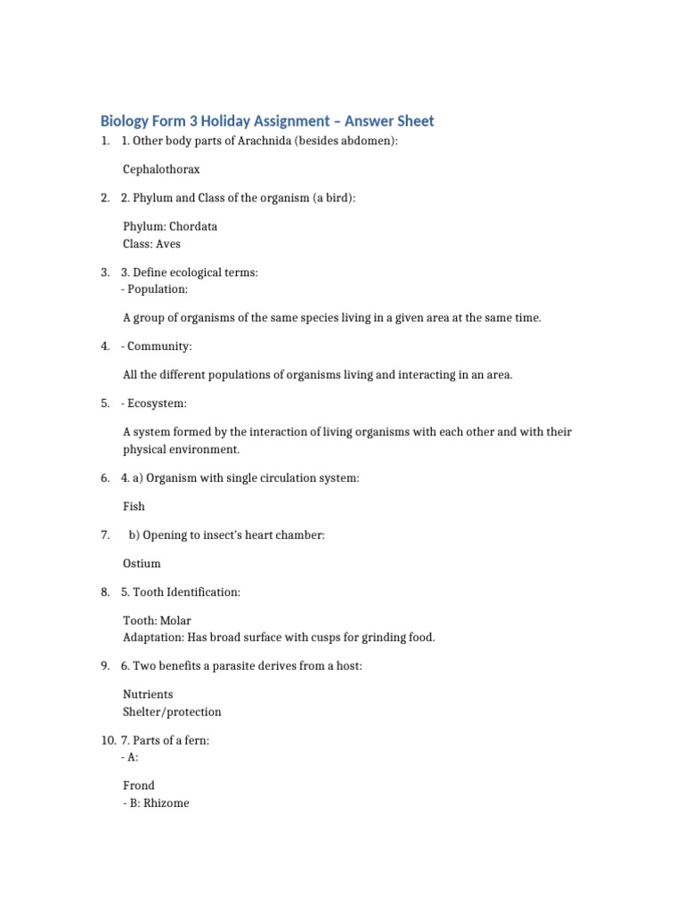 Biology Form 3 Holiday Assignment Answers | PDF | Plants | Cell (Biology)