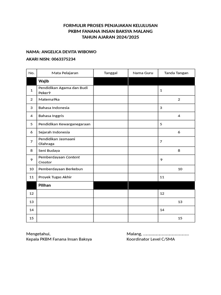 Formulir Penjajakan Kelulusan 2024-2025 | PDF