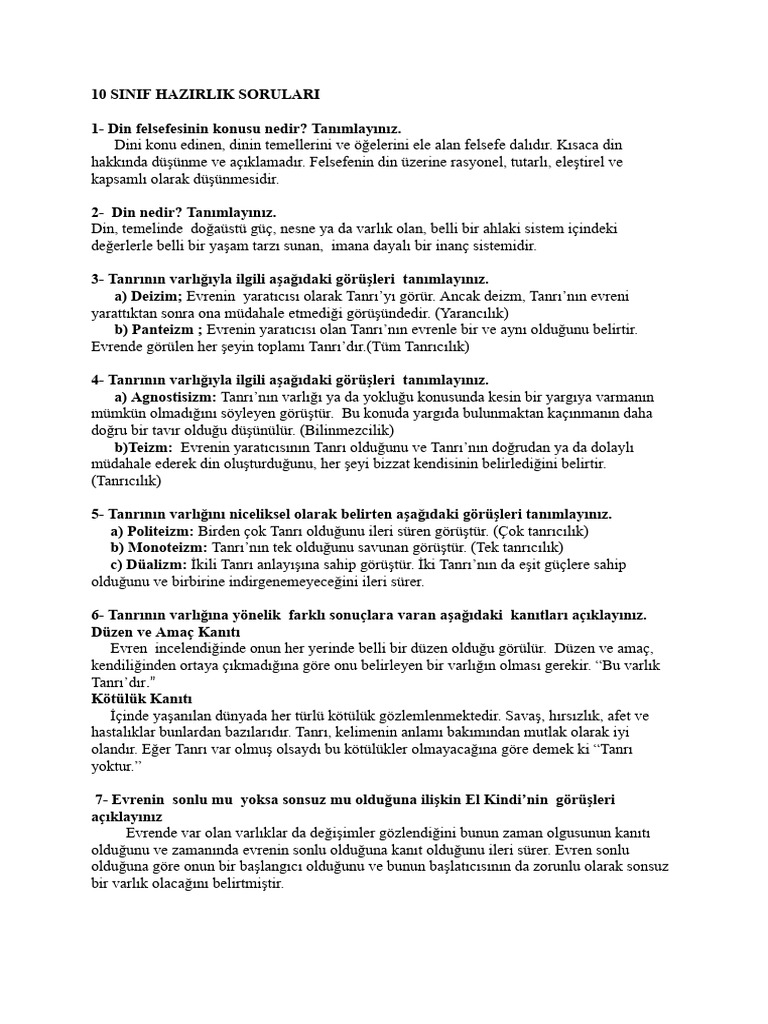10 SINIF FELSEFE 2. SINAV HAZIRLIK SORULARI Ve Yanıtları | PDF