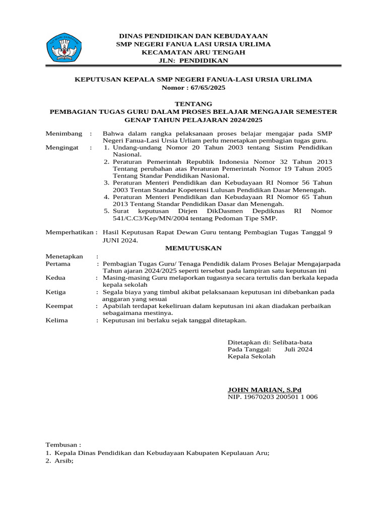 SK Pembagian Tugas Mengajar | PDF